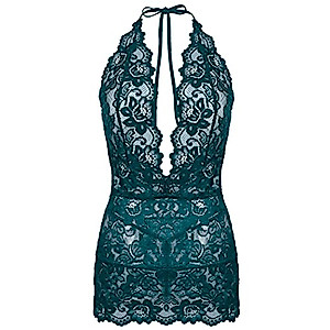 Gladiolus Womens Lingerie Lace Babydoll Sexy Deep V Halter One Piece Lingerie Dress Blue M