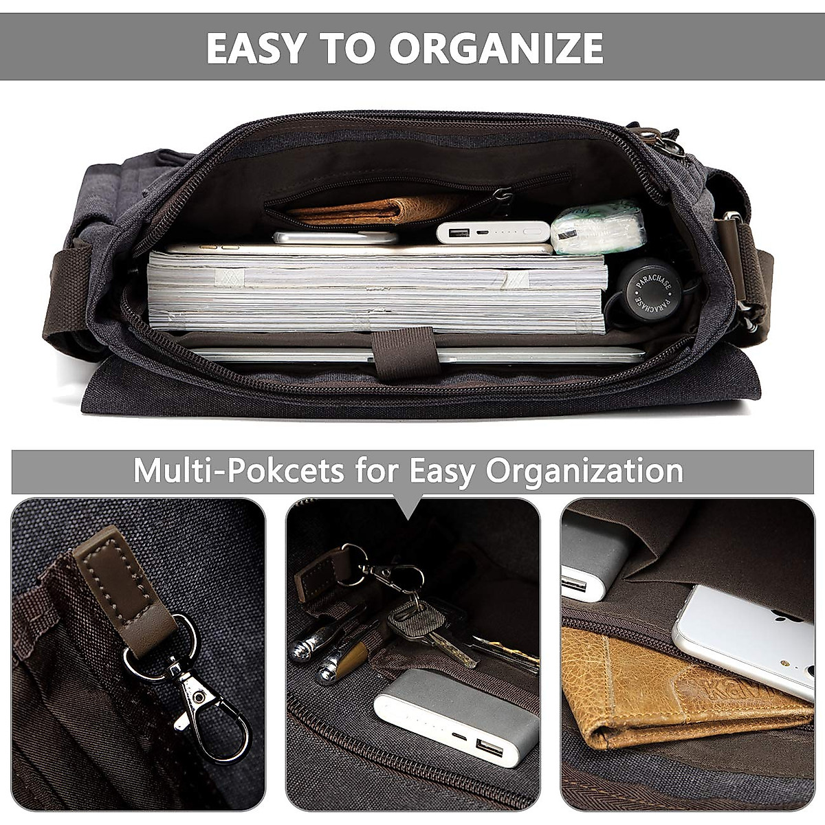 VASCHY 17inch Laptop Messenger Bag, Men's Vintage Water Resistant Canvas Satchel Briefcase Shoulder Bag for Work with Padded Shoulder Strap Gray