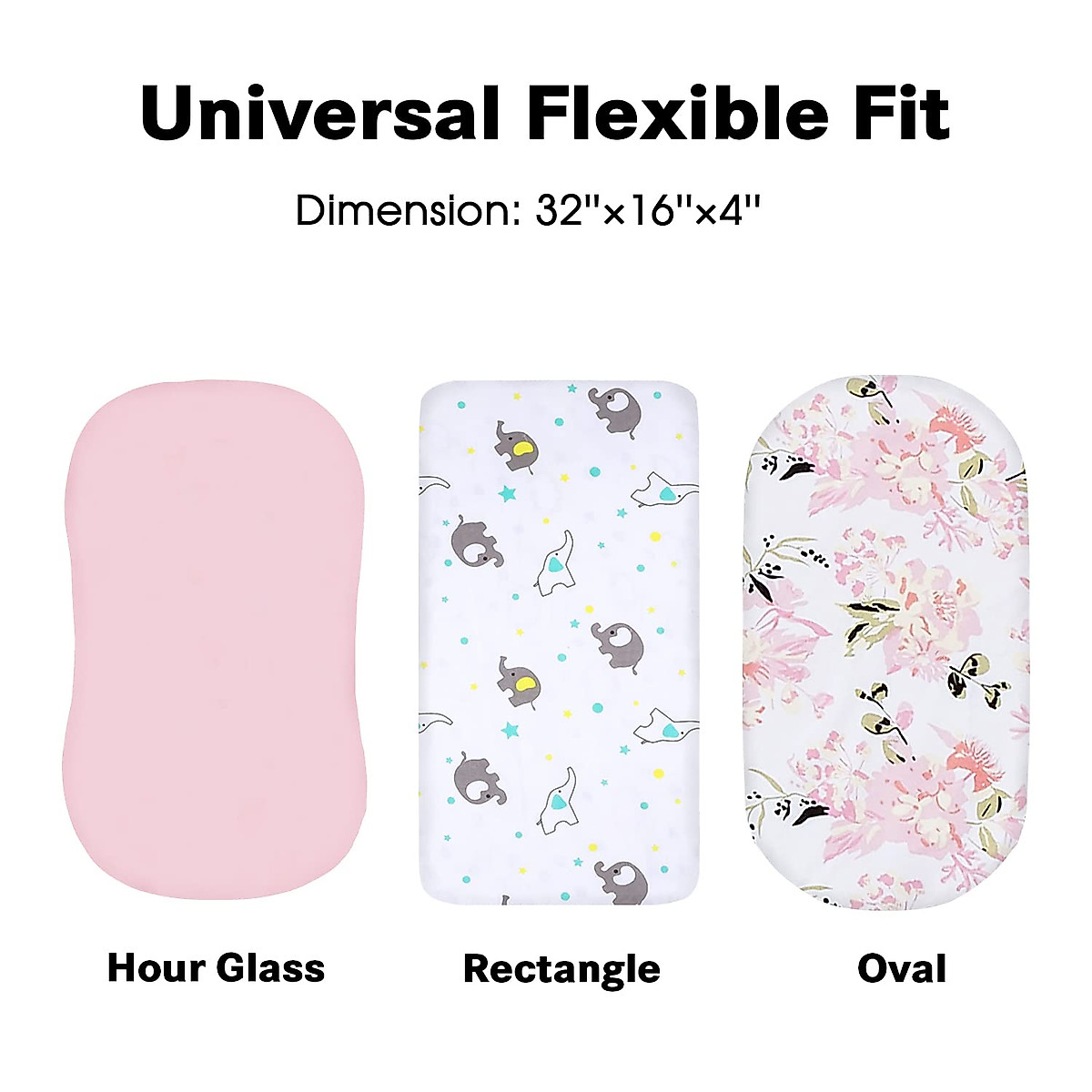 bimocosy Bassinet Sheet, 4 Pack Bassinet Sheets for Baby Girls Boys, Soft Baby Bassinet Fitted Sheets Neutral for Standard Bassinet Mattress, Size 32 x 16 x 4 Inches, Floral/Elephant/Pink/Green