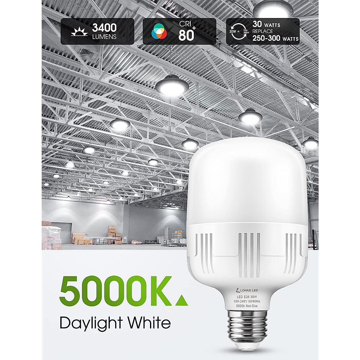 LOHAS Super Bright Light Bulbs, 250-300W Equivalent 3400LM E26 Garage LED Bulb, 5000K Daylight 30 Watt High Lumen LED Bulb w/E39 Adapter for Commercial Warehouse Workshop Factory Backyard Barn, 2 Pack