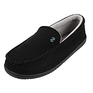 IZOD Men's Classic Two-Tone Moccasin Slipper, Winter Warm Slippers with Memory Foam, Size 13-14, Solid Black