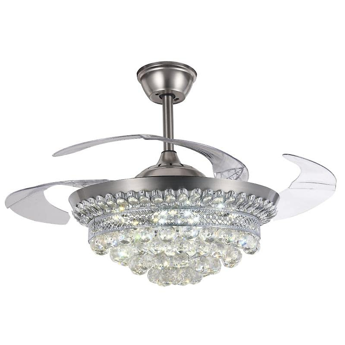 Clody 42'' Crystal Fandelier Ceiling Fan with Lights, Modern Chandelier Ceiling Fans with 3 Color LED Panel 6 Speed Quiet Motor Retractable and Reversible Blades Fan for Indoor