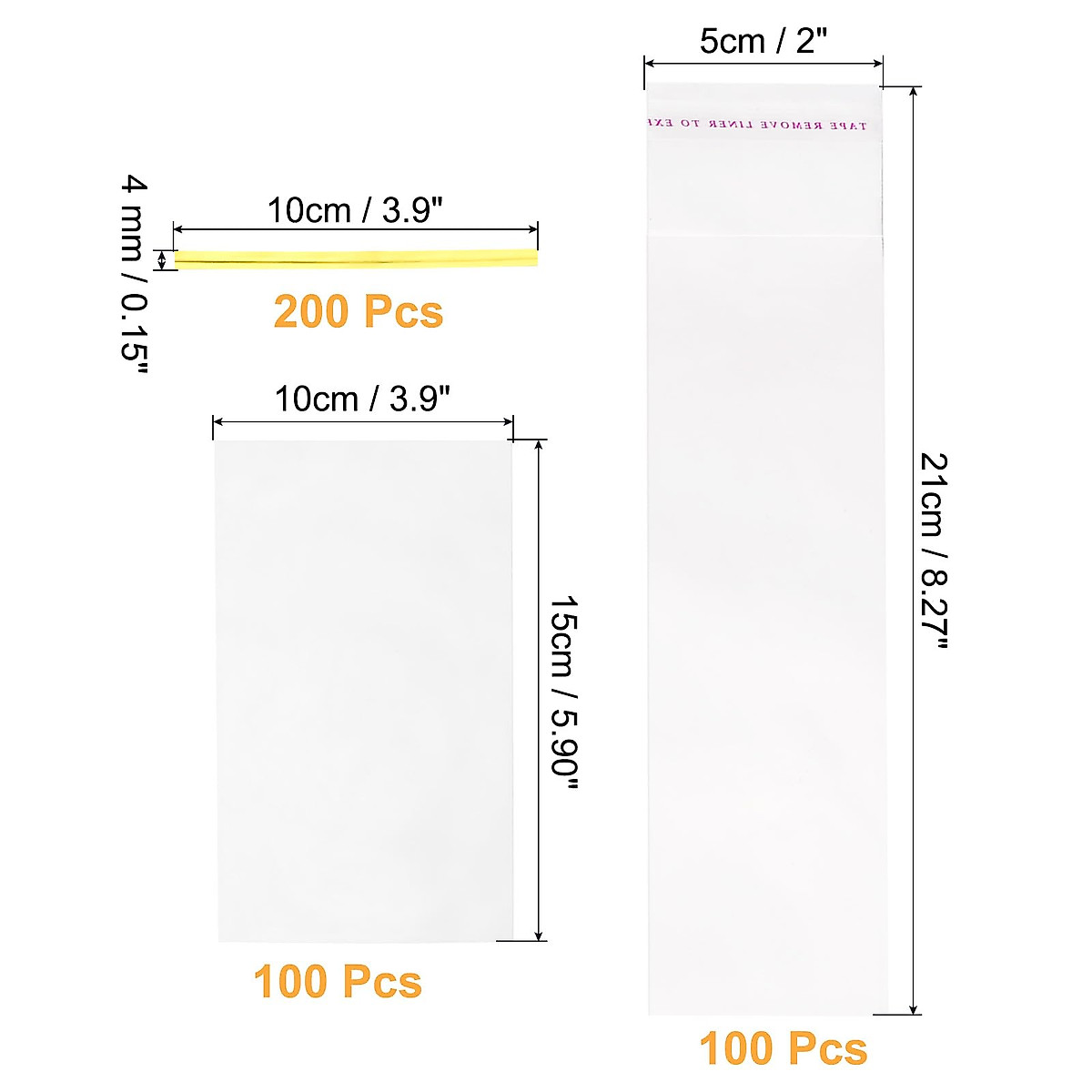 uxcell 200 Pcs Clear Cello Bags, Clear Flat Plastic Cello Treat Bags with Gold Twist Ties Gift Bags Cookies Bags for Christmas Snacks Candy Cookie Gifts