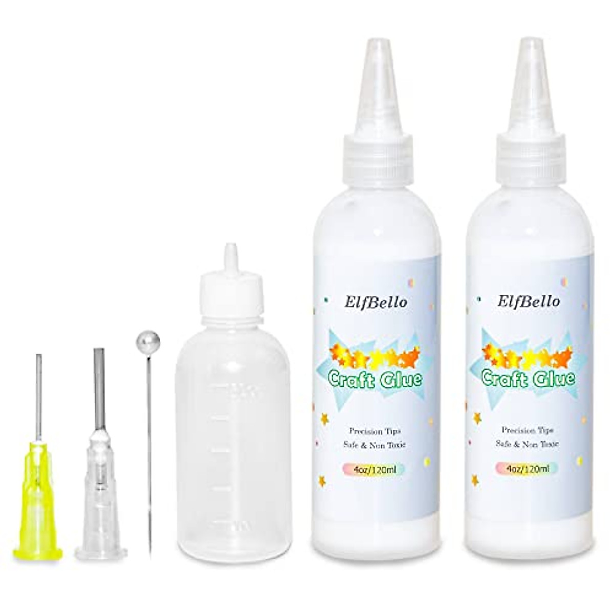 ElfBello Art Craft Glue with Fine Tips & 50ml Glue Applicator Bottle, Adhesive Art Glitter Glue for Paper Craft DIY Scrapbook, Quick Dries Clear Glue Wrinkle Resistant, 4fl oz 2 Pack