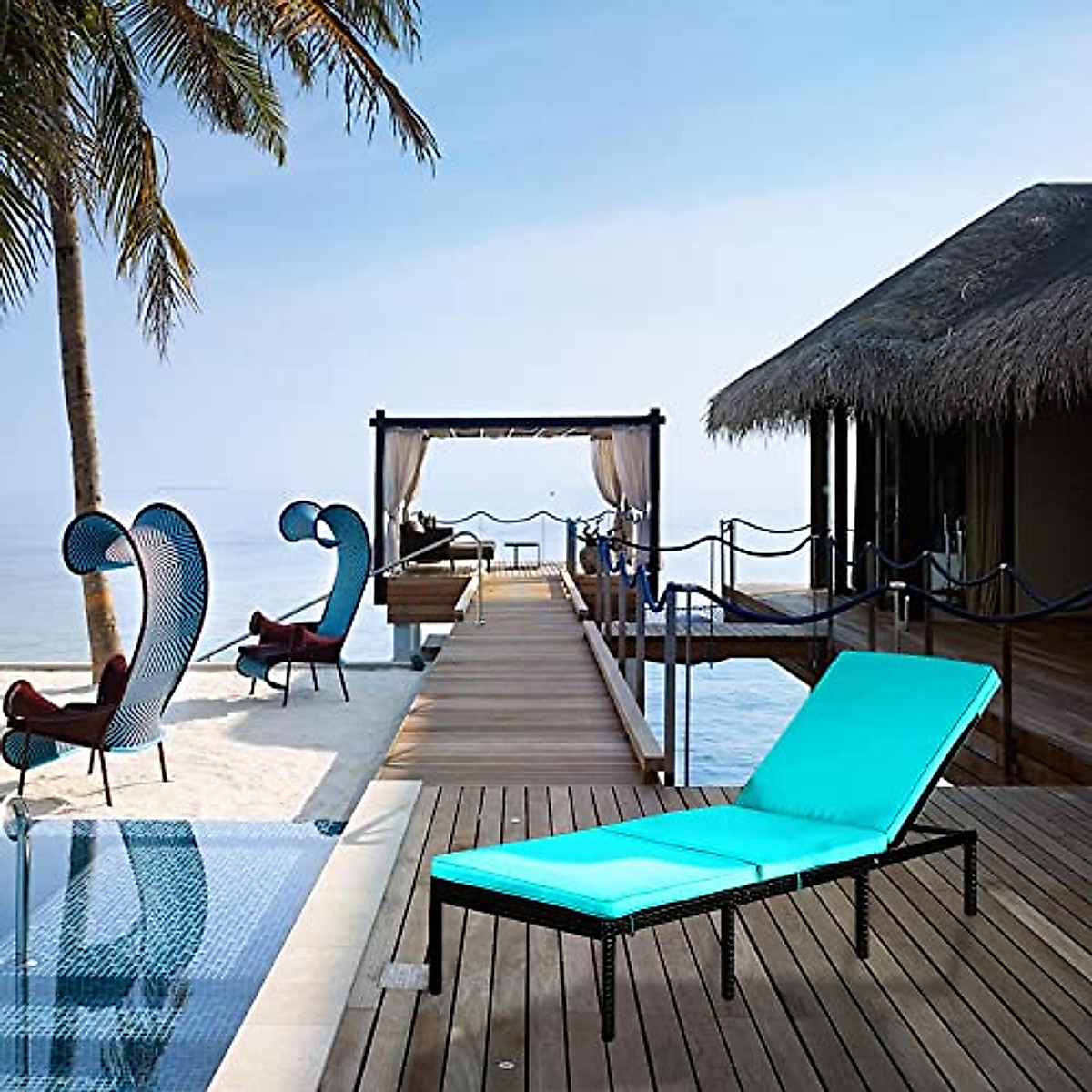 Outdoor Patio Chaise Lounges Chairs Furniture Adjustable Wicker Couch Bed Blue Thick Cushion.