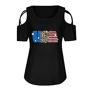 Womens Off-Shoulder Short-Sleeved T-Shirt American Flag Print Round Neck Basic Tee Casual Loose Independence Day Top (Black, S)