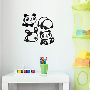 Set of 4 Vinyl Wall Art Decal - Little Pandas - from 7" x 7" Each - Super Cute Cool Adhesive Sticker Animal Design for Baby Kids Room Nursery Playroom Bedroom Bathroom Classroom Decor