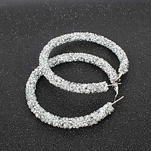 Silver Glitter Hoop Earrings for Women Bohemian Sparkle Resin Rhinestone Wrapped Big Hoop Dangle Earrings Jewelry