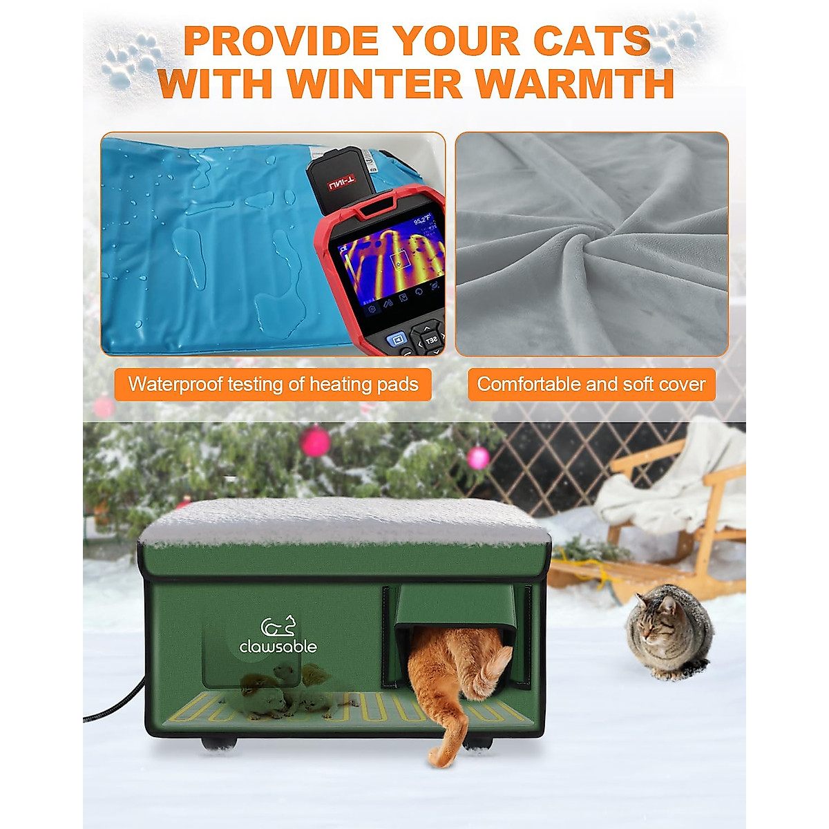 Heated Cat House for Outdoor Cat in Winter, Weatherproof Heated Cat Bed Kitty Shelter with Cat Heating Pad, Waterproof & Insulated & Safe Escape Door, Warm Home for Outside Barn Feral Stray Cat