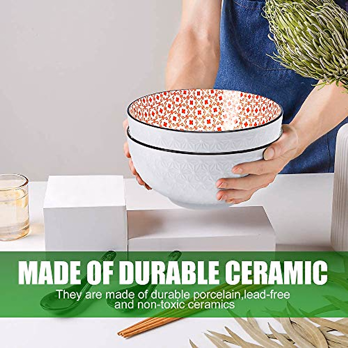 Farielyn-X 8.3" Large Salad Soup Ramen Bowls, 68 OZ Super Stackable Round Fine Porcelain Cereal Pasta Serving Bowl Sets, 2 Pack - Microwavable Ceramic Bowls - Heat and Cold Resistant Porcelain