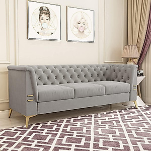 kevinplus 82.6'' Chesterfield Sofa Couch for Living Room, Classic Modern Velvet 3-Seat Upholstered Sofa Couch for Apartment Bedroom Office, Strong Gold Metal Legs, Light Grey