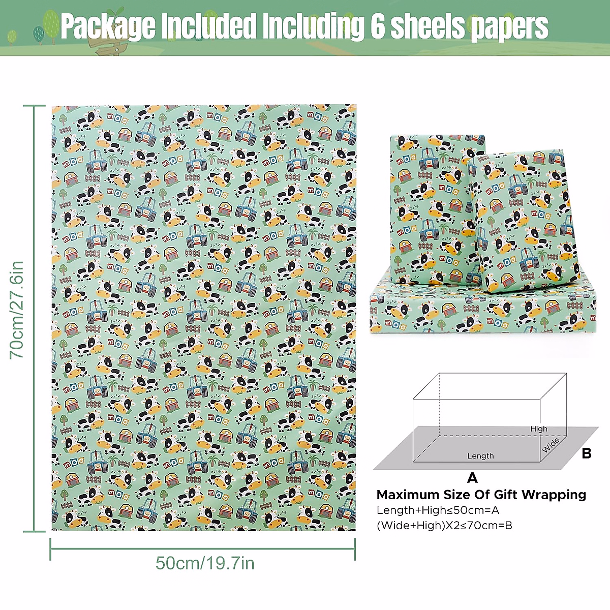 NEPOG Farm Cow Wrapping Paper for Boys Girls Kids, Cute Cow Farmhouse Tractor Farm Theme Design Green Birthday Paper 6 Sheets Folded Flat 20x28 inches per Sheet for Birthday Party Baby Shower