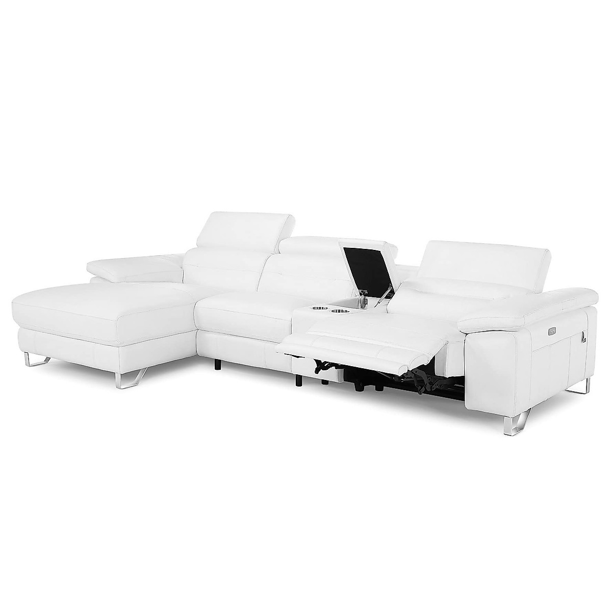 Zuri Furniture Monaco Reclining Leather L-Sectional with Console, White