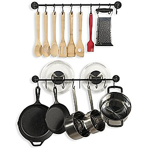 Wallniture Cucina 24" Gourmet Kitchen Rail Wall Mount Kitchen Utensil Holder with 10 S Hooks for Hanging Pots and Pans Set of 2, Black