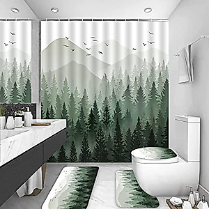 ZYLLGLOW Forest Shower Curtain Set Boho Shower Curtain Set with Rugs, Abstract Mountain Bathroom Decor Accessories Bathroom Set with Shower Curtain and Rugs Leaves Curtain Set