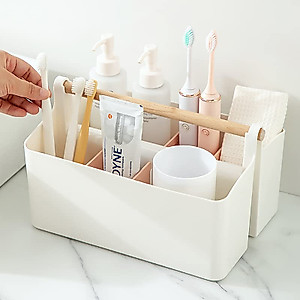 Vidifor 2 pcs Large Portable Caddy Tote with Handle, DIY Divided Basket, Desk and Dorm Caddy for Art Supplies, Makeup, Office Storage Supplies (Pink/Blue Dividers)