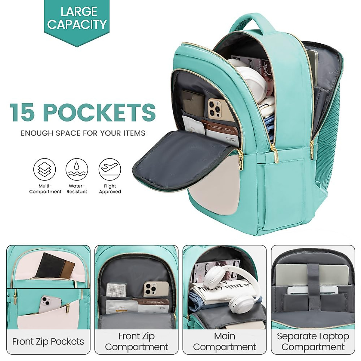 LOVEVOOK Laptop Backpack for Women,15.6 Inch College Travel Computer Back Pack, Backpacks with USB Port,Work Business Water Resistant Bag with Laptop Compartment for Teacher Nurse,Green-White