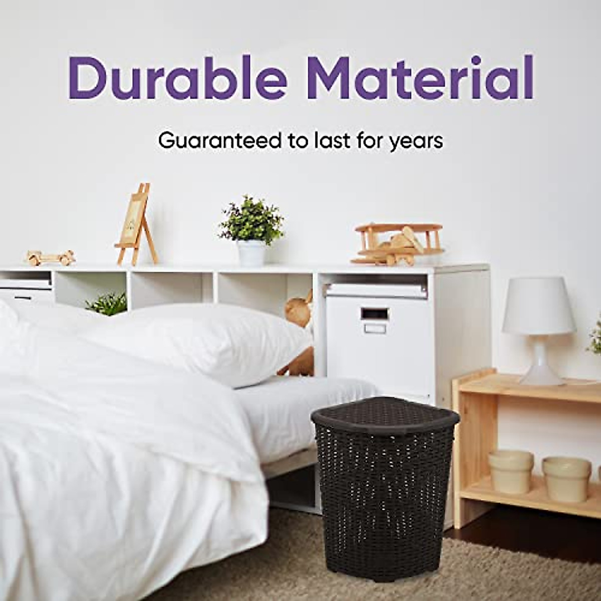 Plastic Corner Laundry Hamper with Lid, Curved Designed Laundry Basket, Triangle Brown Cloths Hamper Organizer with Cut-out Handles for Laundry Room Bedroom Bathroom, Wicker Design, 50 Liter