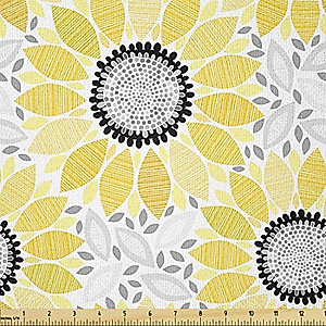 Lunarable Sunflower Fabric by The Yard, Abstract Shapes Floral Pattern Stripe Petals Summer Blossom Illustration, Stretch Knit Fabric for Clothing Sewing and Arts Crafts, 1 Yard, Black Yellow