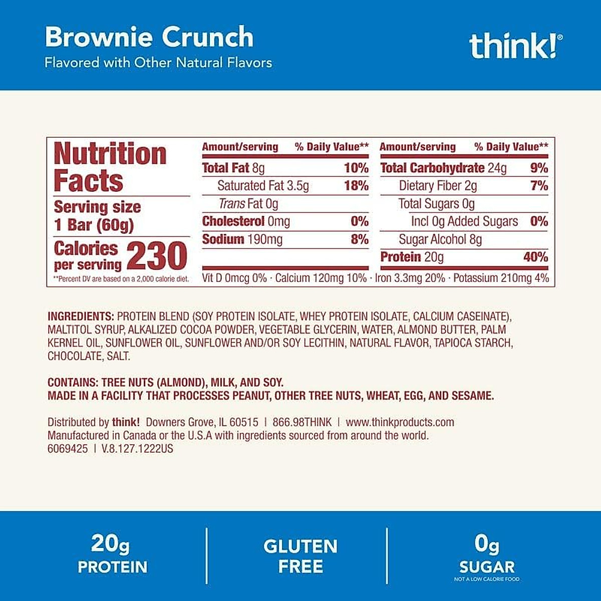 think! Protein Bars, High Protein Snacks, Gluten Free, Kosher Friendly, Brownie Crunch, Nutrition Bars, 2.1 Oz per Bar, 12 Count (Packaging May Vary)