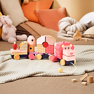 Toddler Montessori Toy, Wooden Block Train Set Stackable Building Blocks Toy Shape Sorter Toy Pink Lion Pull Toy for Baby Girl Ages 2 4 3 Years Birthday Gift Early Learning Educational Toy