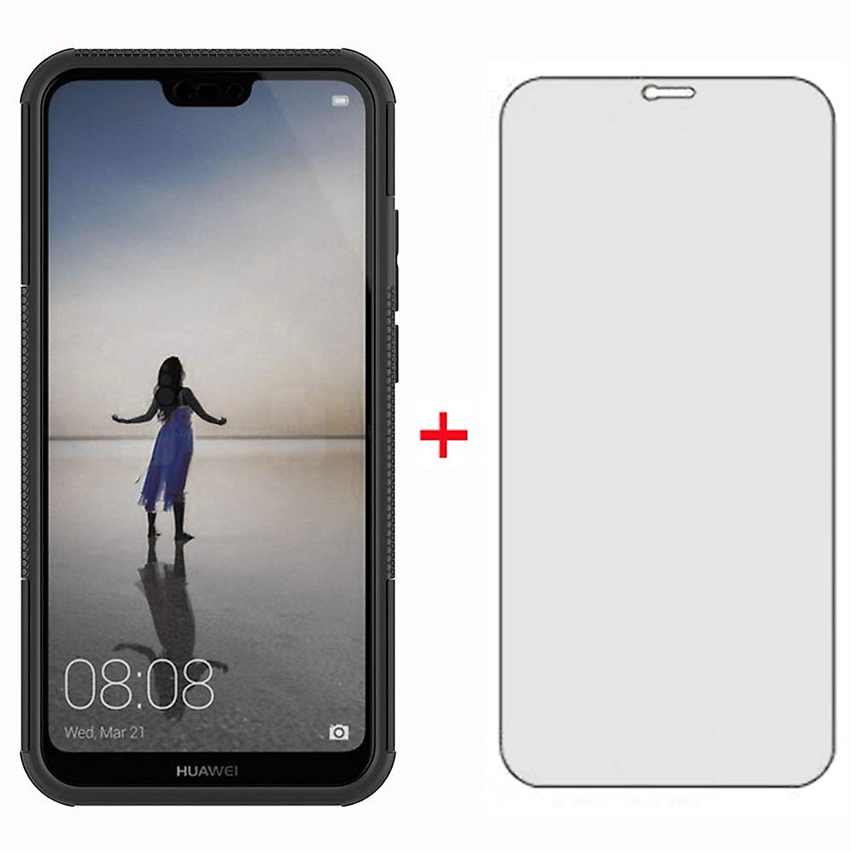 Phone Case for Huawei P20 Lite with Tempered Glass Screen Protector Cover and Stand Kickstand Hard Rugged Hybrid Protective Cell Accessories TPU Huwai P20lite P 20 Haweii Nova 3E Cases Men Women Black