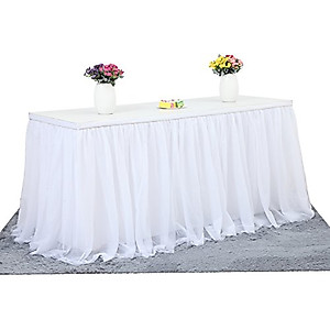 6ft White Tulle Table Skirt for Rectangle or Round Tables Tutu Table Skirt White Ruffle Table Cloth for Wedding Bridal Shower Baptism Birthday Party Christening Banquet Table Decorations(L6(ft)H 30in)