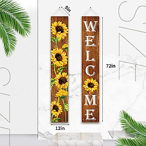 Sunflower Welcome Hanging Banners spring Porch Banners Flags summer Door Banners Thanksgiving Hanging Banner for Front Door Garden Home Yard Sunflower Party Decorations(Wood Background)
