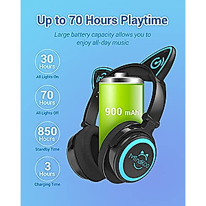 MindKoo Cat Ear Bluetooth Headphones with Microphone, LED Light Up Over Ear Headphones, Volume Control and Foldable Headset for Tablet/PC/iPad/Cell Phones, Gift for Kids Boys & Girls