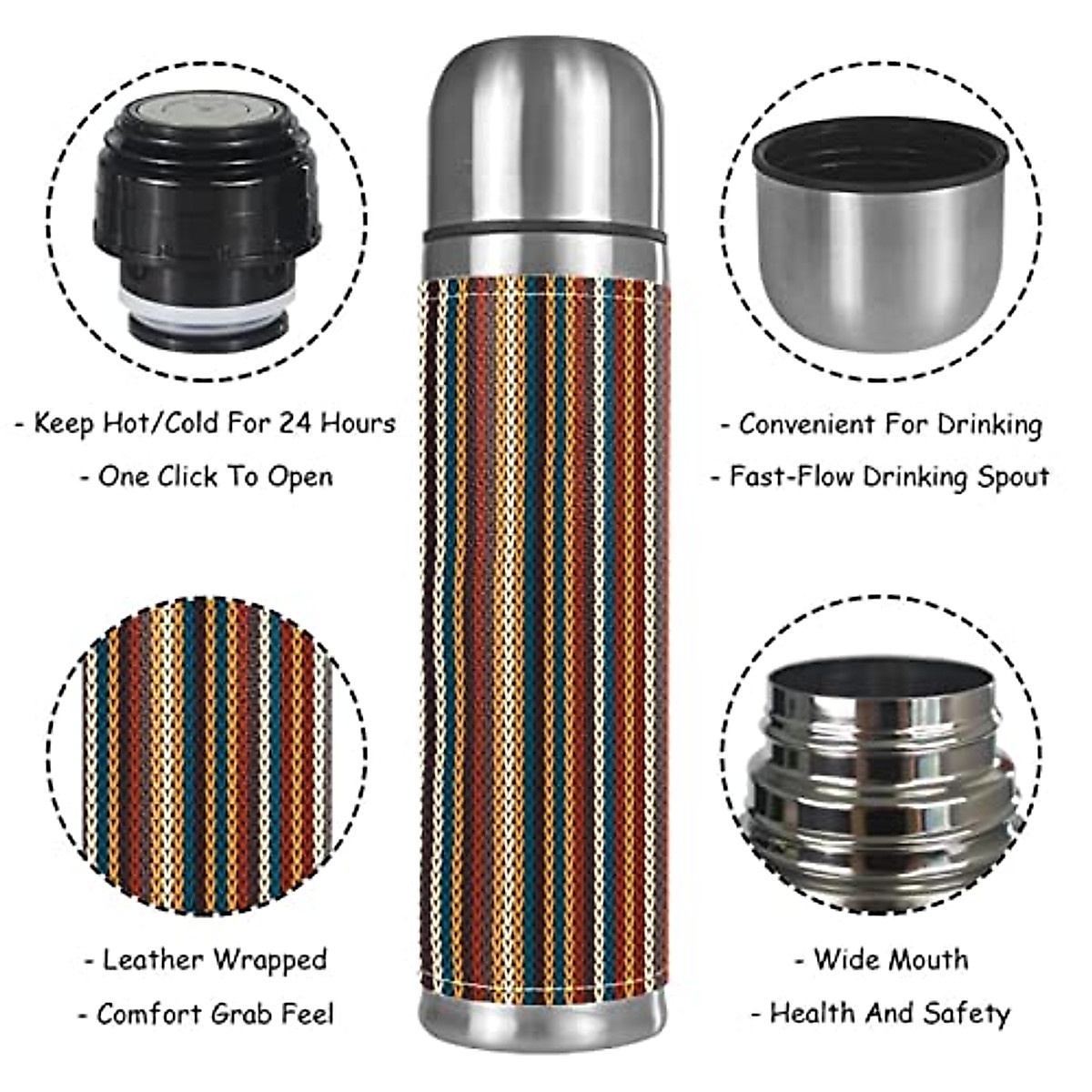 Retro Stripe Boho Stainless Steel Coffee Thermos, Double Walled Insulated Water Bottle for Outdoor Sports, Office, Car (17 OZ/500ML)