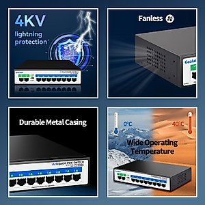 8 Port Gigabit PoE Switch with 2 Gigabit Uplink, Unmanaged 10 Port Gigabit PoE Switch Compatible with IEEE 802.3af/at Devices@120W, AI PoE Auto Recovery&Extend, Vlan, Metal Pluy&Play