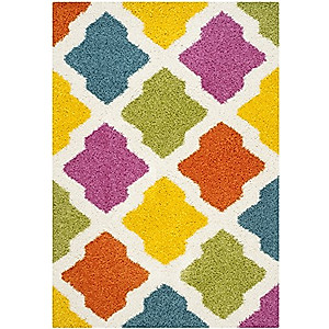 SAFAVIEH Kids Shag Collection Accent Rug - 3' x 5', Ivory & Multi, Rainbow Trellis Design, Non-Shedding & Easy Care, 2-inch Thick Ideal for High Traffic Areas in Foyer, Living Room, Bedroom (SGK562A)
