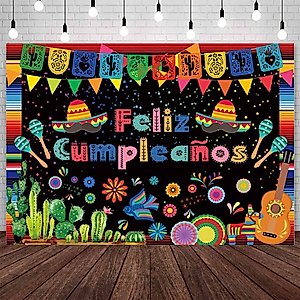 AIBIIN 7x5ft Feliz Cumpleaños Backdrop Mexican Fiesta Happy Birthday Party Decorations Cinco De Mayo Festival Birthday Banner Photo Studio Props