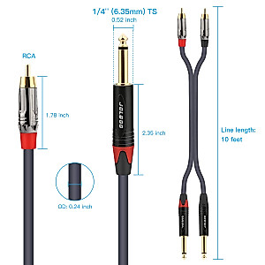 JOLGOO RCA to 1/4 Cable, Dual RCA to Dual 1/4 TS Stereo Interconnect Cable, 2 6.35mm Male TS to 2 RCA Male Stereo Audio Adapter Cable, 10 Feet