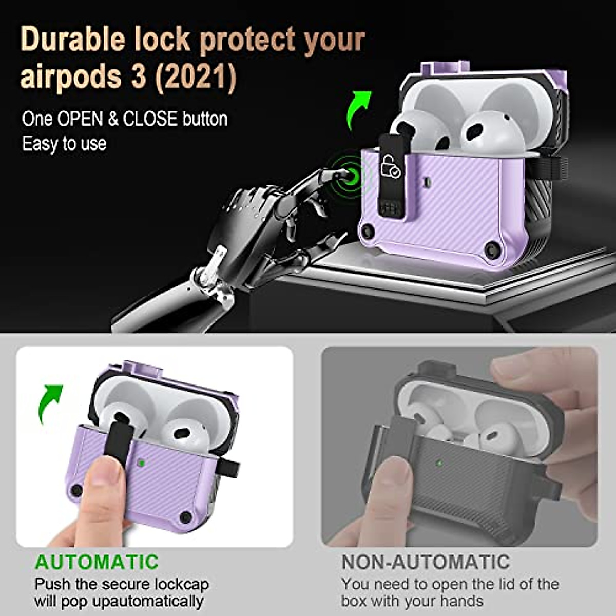 [5 in 1] Case for Airpods 3rd Gen with Lock, Carbon Fiber Secure Lock Clip PC+TPU Shockproof Protective Air Pods 3 Case Cover for Women for Airpods 3rd Generation with Fashion Candy Keychain (Purple)