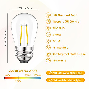 Svater 15 Pack 2W S14 Replacement LED Bulbs for Outdoor String Light, Dimmable Plastic Vintage Edison Bulb Lights, E26 Base,IP65 Waterproof, Warm White 2700K