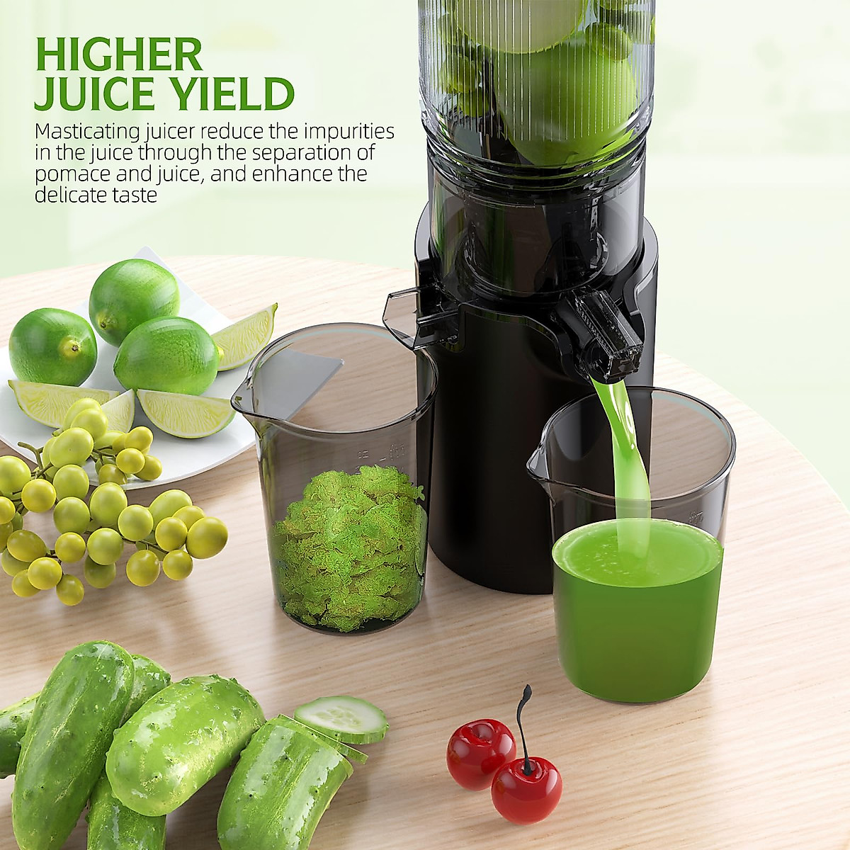 Cold Press Juicer, Slow Masticating Juicer with "6.1" Extra Large Feed Chute Fit Whole Fruits & Vegetables, Juicer Machines with 2 Cups, Easy to Clean and High Juice Yield