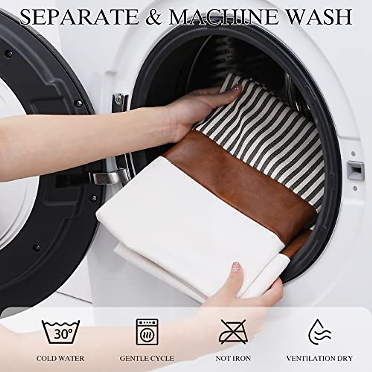 Mecatny Boho Throw Pillows 18x18 Set of 2 - Farmhouse Decorative Throw Pillows with Inserts Included - Brown Faux Leather Modern Stripe Patchwork Linen Accent Throw Pillows for Couch Bed Sofa, Grey