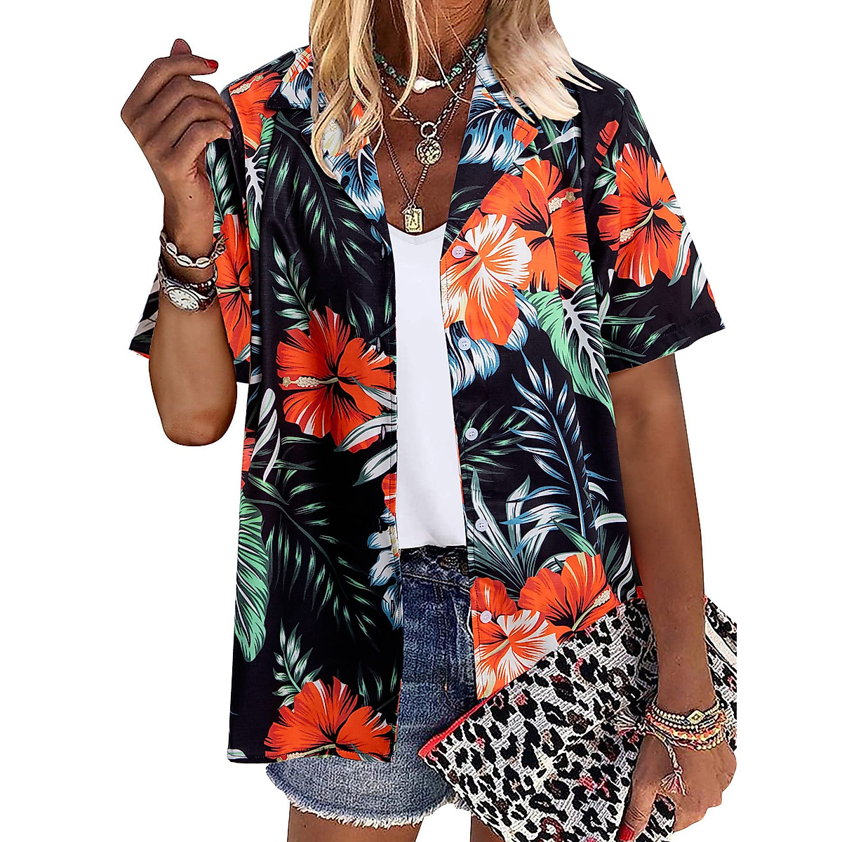 FAYALEQ Womens Summer Hawaiian Shirts Soft Cool Floral Tropical Print T-Shirt Button Down V Neck Short Sleeve Tee Tops Black