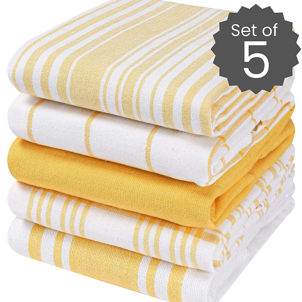 Cotton Clinic Assorted Kitchen Towels 5 Pack – Soft Absorbent Quick Drying Table & Kitchen Linen - Dish Towels, Dish Cloths, Tea Towel and Cleaning Towel with Hanging Loop – 16x28 / Yellow White