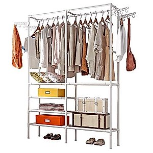 Sasoiky Garment Rack,Shoe Clothing Organizer Shelves,Freestanding Multifunctional Clothes Wardrobe- Closet with Hooks (White)