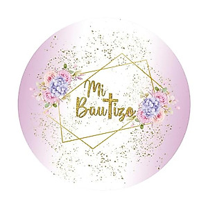 AWERT Polyester Diameter 4ft Round Mi Bautizo Backdrop Cover for Girls First Communion Baptism Decoration Purple Rustic Plant Flower Gold Dots Newborn Baby Shower Photo Booth Backgrounds