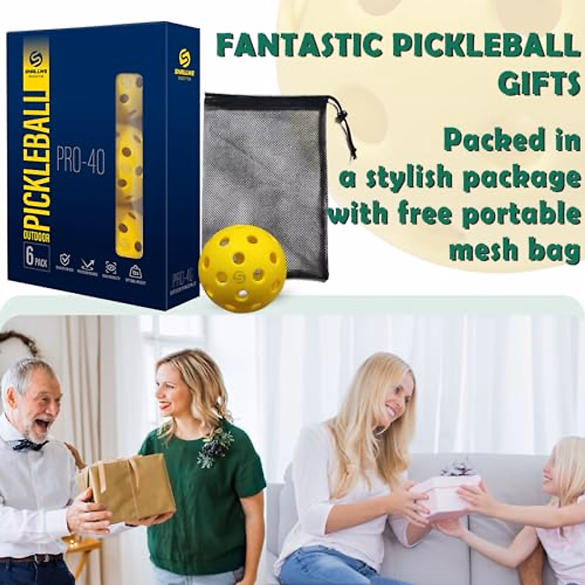 SHALLWE Pickleball Balls, Outdoor Pickleball Balls 6/12 Pack, Meets USAPA Standards Pickleball Outside 40 Holes, Yellow Pickle Balls with Portable Mesh Bag