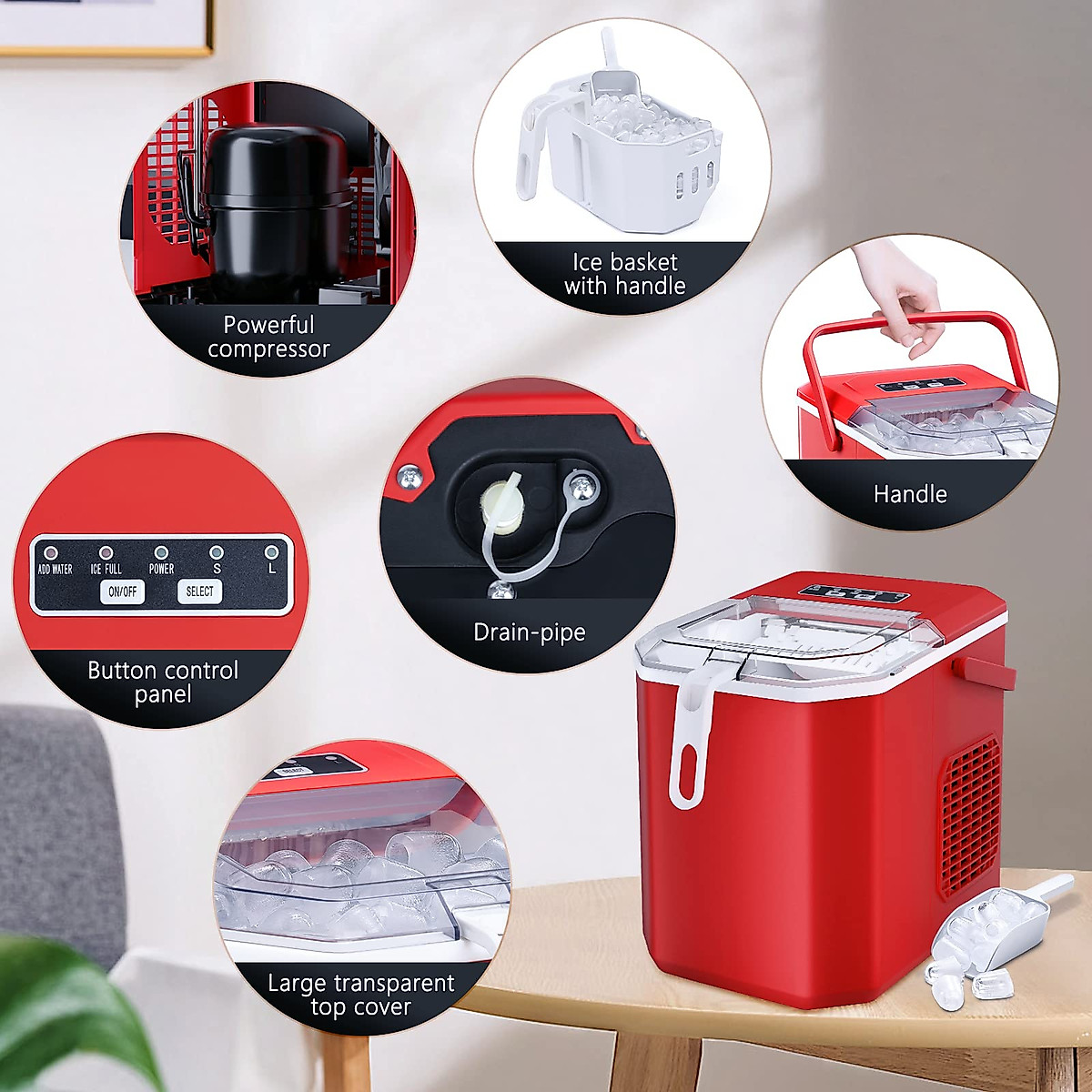 Antarctic Star Countertop Ice Maker Portable Ice Machine with Handle,Self-Cleaning Ice Makers, 26Lbs/24H, 9 Ice Cubes Ready in 6 Mins, S/L ice, for Home Kitchen Bar Party (Red)
