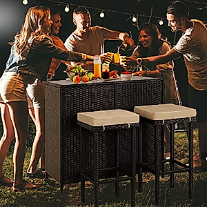 Cemeon Outdoor Bar 3-Piece Patio Bar Set with Two Stools and Glass Top Bar Table Brown Wicker Patio Furniture with Removable Cushions