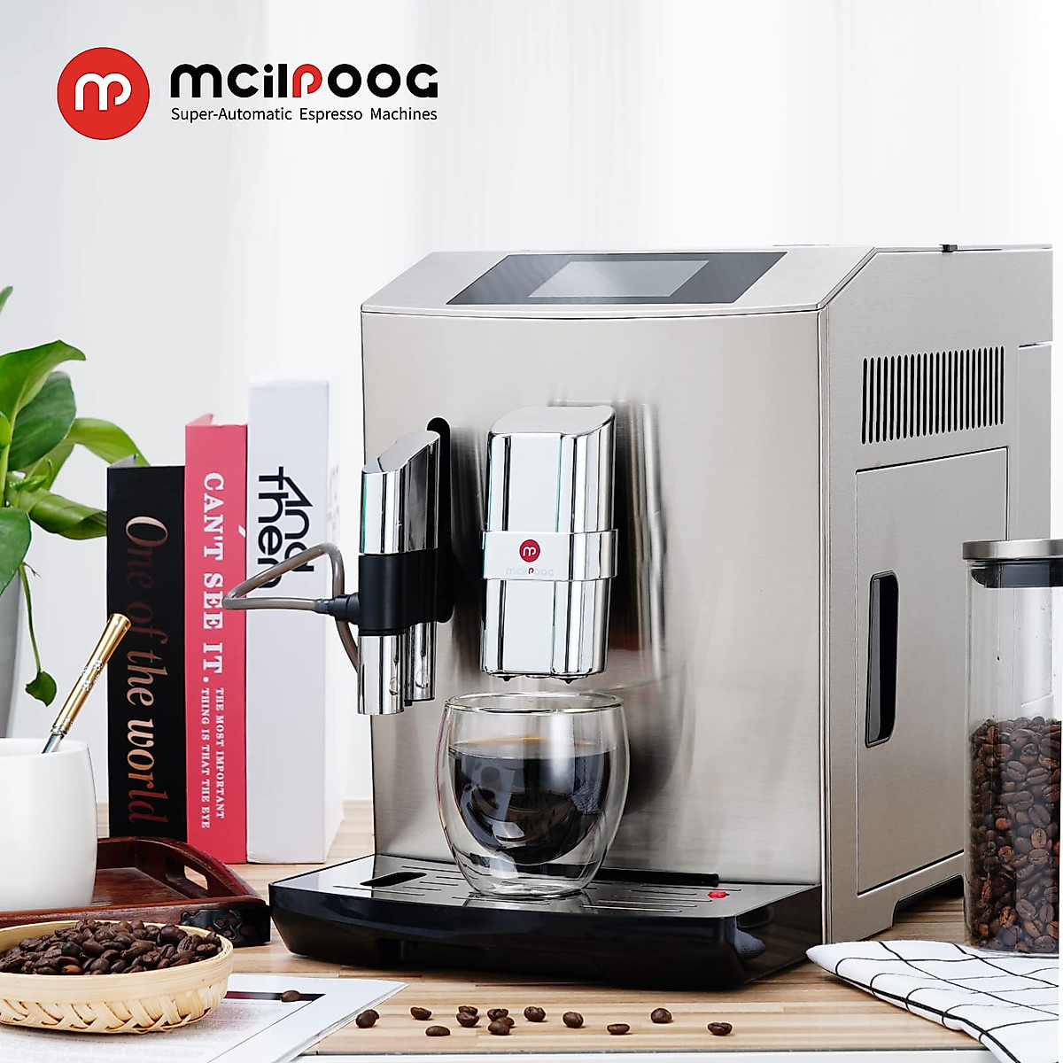 Mcilpoog WS-S7 Fully Automatic Espresso Coffee Machine, Silver Full Metal, Super Automatic Espresso Machine with Milk, Americano, Latte, Cappuccino, Hot Water