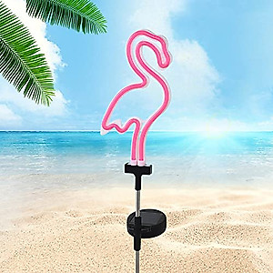 Solar Pink Flamingo Yard Ornaments w/Stakes, Solar Landscape Lights Outdoor Waterproof Neon Strip for Garden Pathway Patio Lawn Flowerbed Beach Party Wedding, 30" Tall (2 Pack)