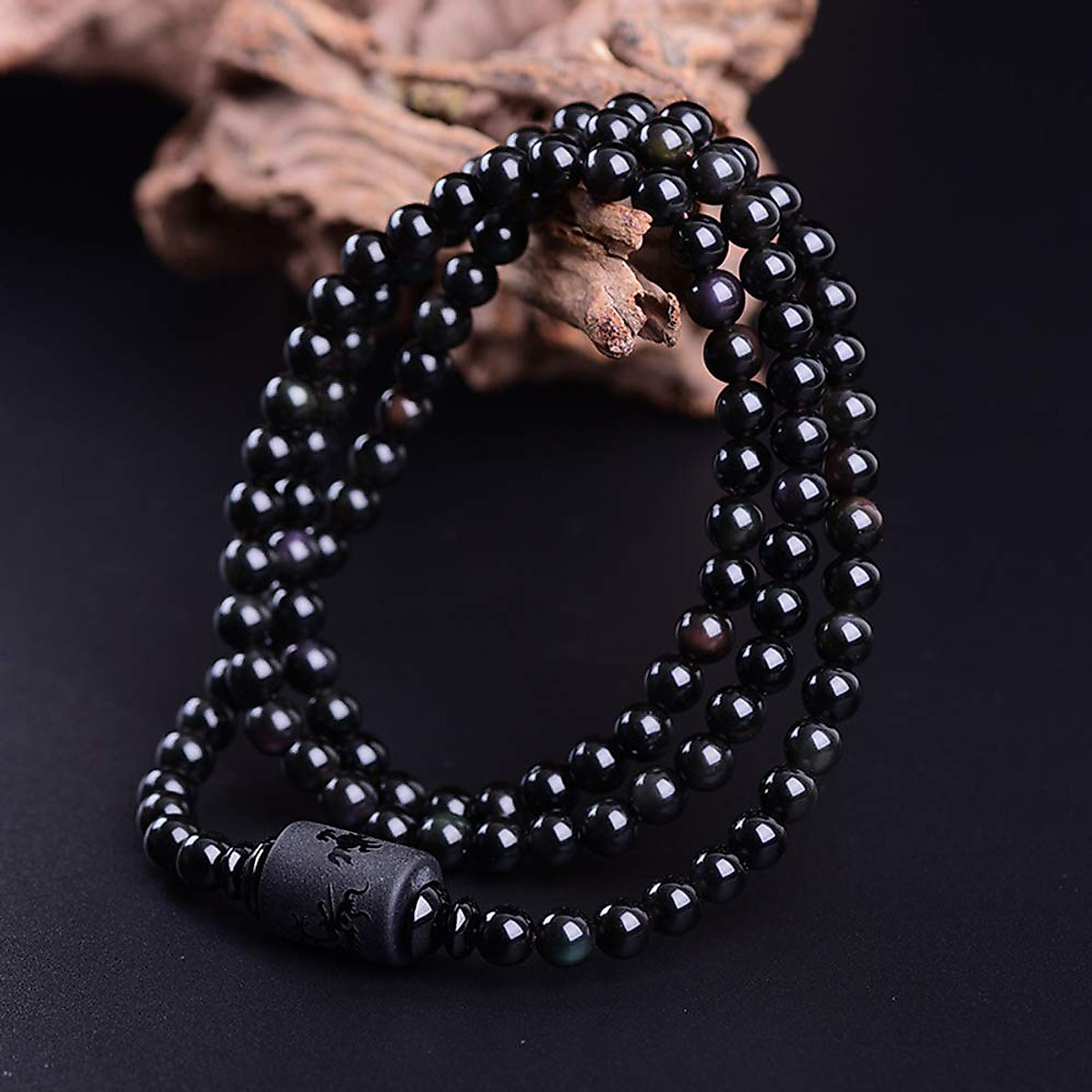 KIOMOY Crystal Obsidian Bracelet Engrave with Dragon or Phoenix totem Cylinder Bead Men or Women Natural Stone Chain Famous Fashion (Dragon long 6MM)