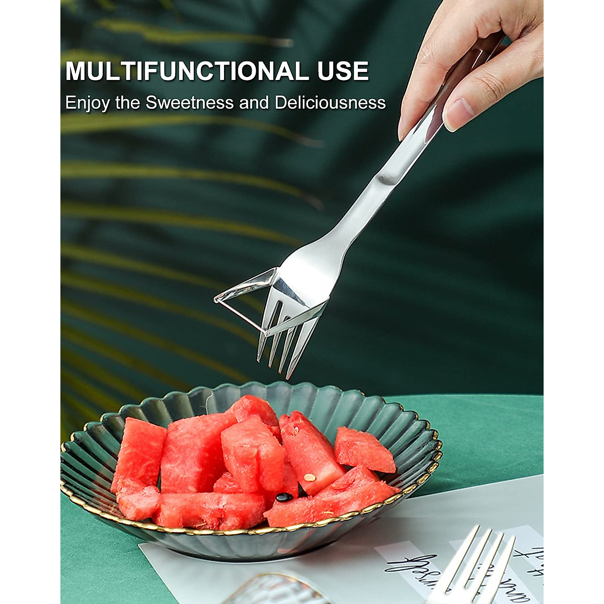 2 PCS Watermelon Slicer Cutter, 2-in-1 Watermelon Fork Slicer, Stainless Steel Cutting Fork Artifact, Fruit Watermelon Carving and Cutting for Home Party (2)