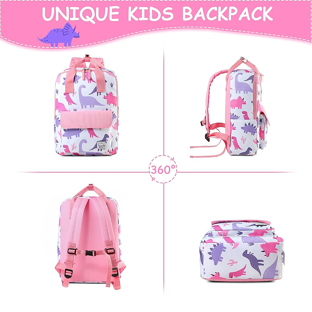 VASCHY Dinosaur Backpacks Girls, Lightweight Toddler Kids Preschool Backpack for Children